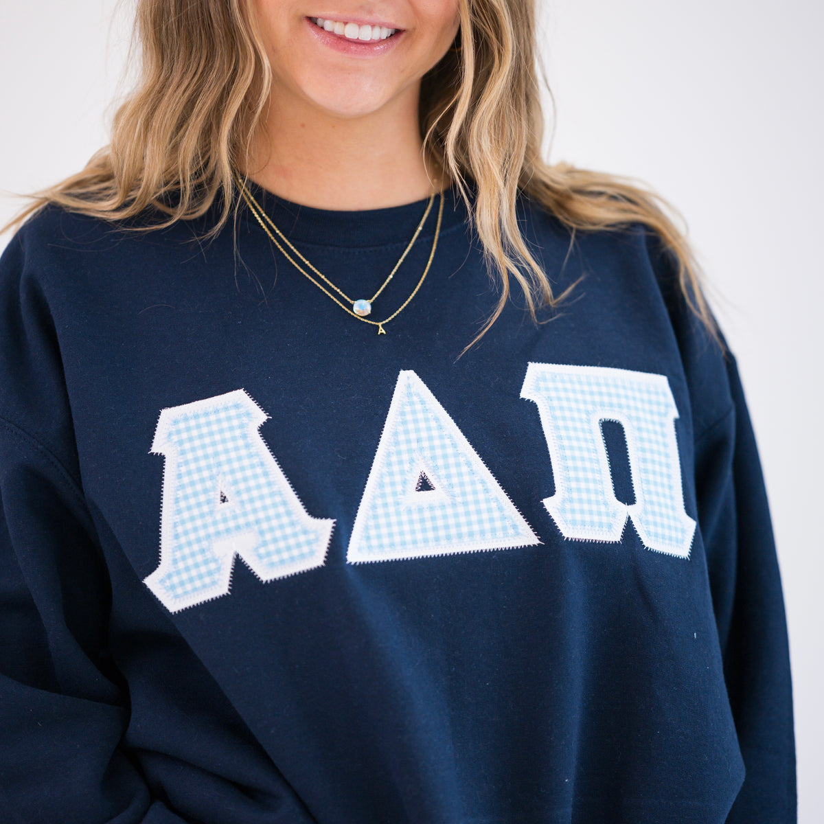 Light Blue Gingham Greek Letter Double Stitched Sorority Crewneck ...
