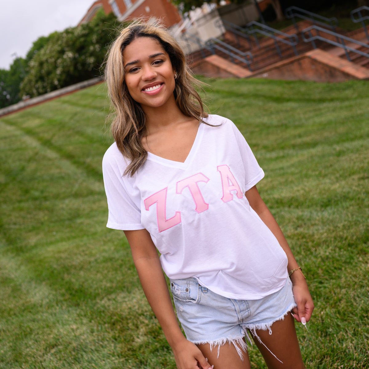 Zeta Tau Alpha Minimalistic Greek Letter Stitched Slouchy V-Neck Bella ...